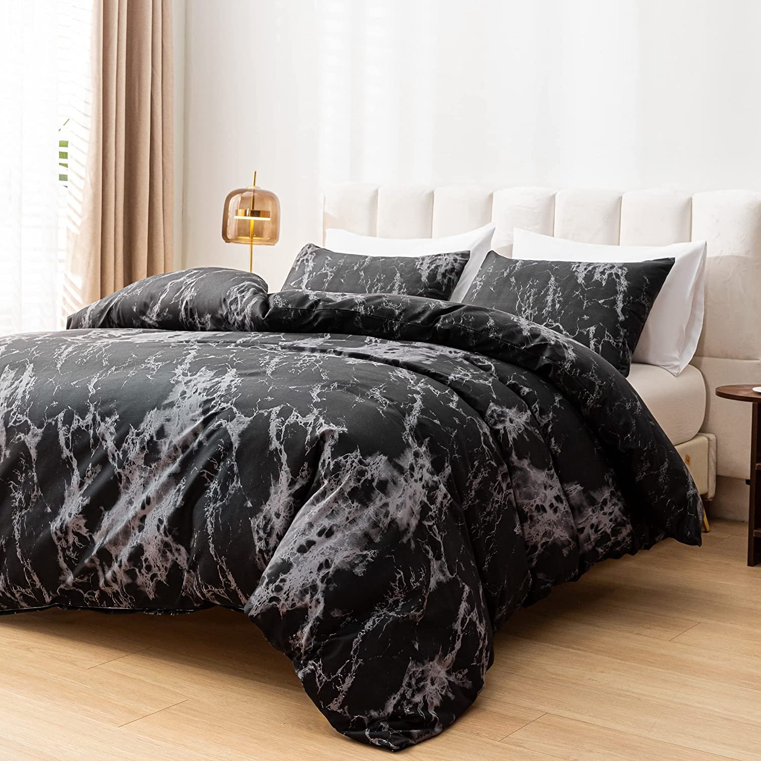 Queen Marble Black Comforter Set, Black Marble Pattern Printed Bed Set ...