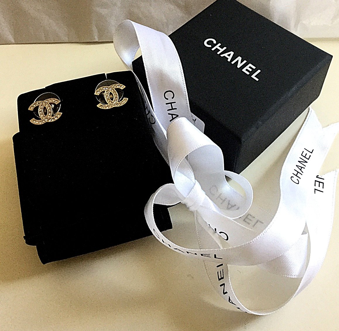 CHANEL Classic Mini CC Crystal Stud Gold Earrings Hallmark Authentic NIB