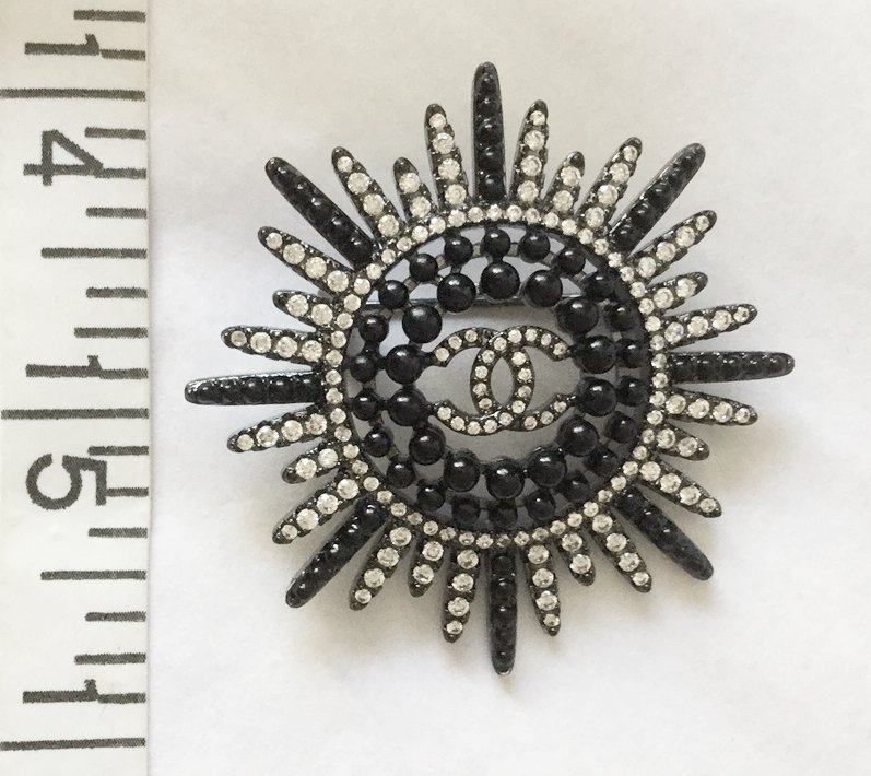CHANEL SUN RAY Fashion Brooch Pin Black Bead Silver Crystal Stuning ...