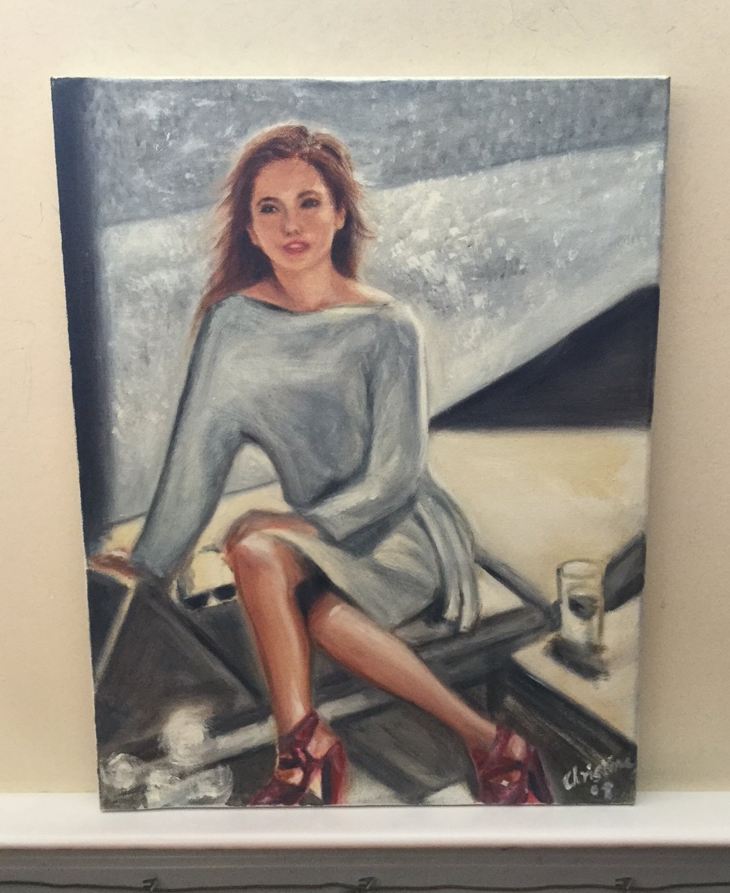 Christine ART Original Oil Paintings WOMAN POOLSIDE SUN