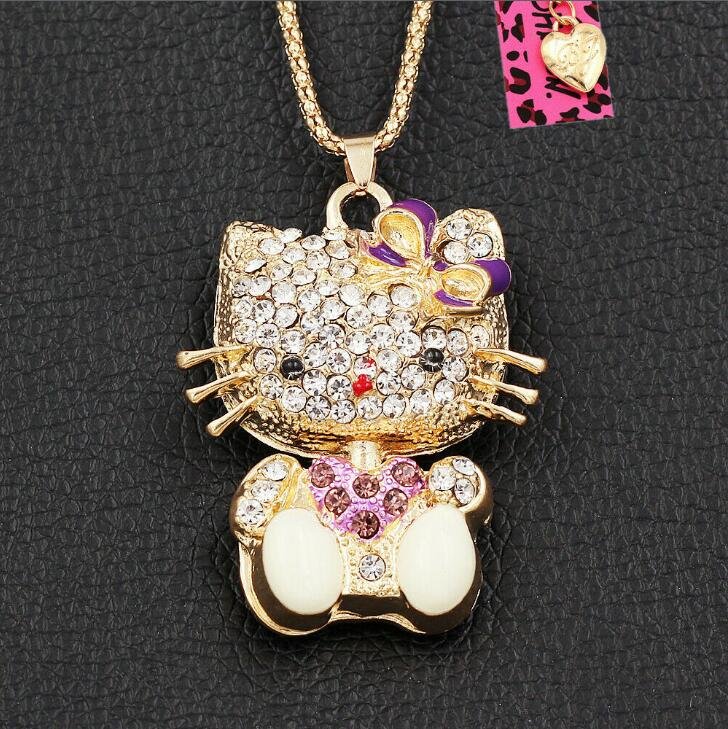 Betsey Johnson Enamel Crystal Cute Cat Kitten Pendant Sweater Chain Necklace