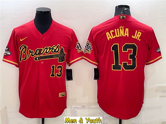 men's & youth Baseball Uniform #13 Ronald Acuna Jr. Jerseys Red Gold ...