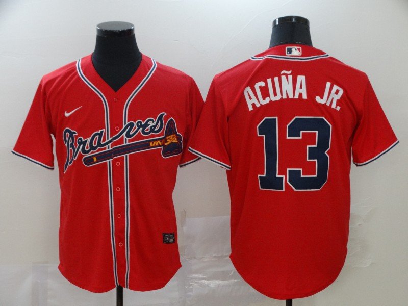 men's Baseball Team Uniform #13 Ronald Acuna Jr. Jerseys Red CoolBase ...