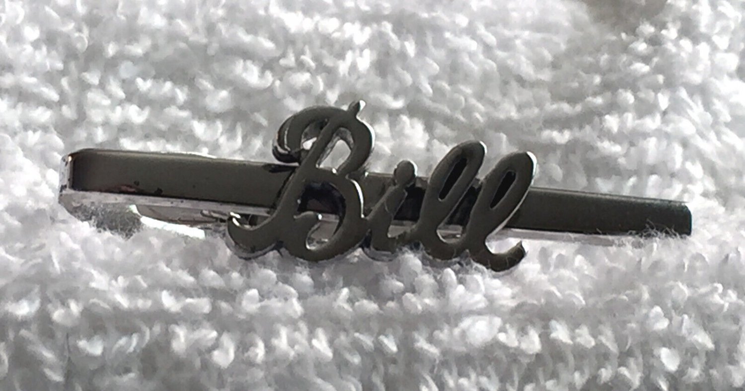Man's Name Bill Cursive Letters Tie Clip Clasp Silver Tone
