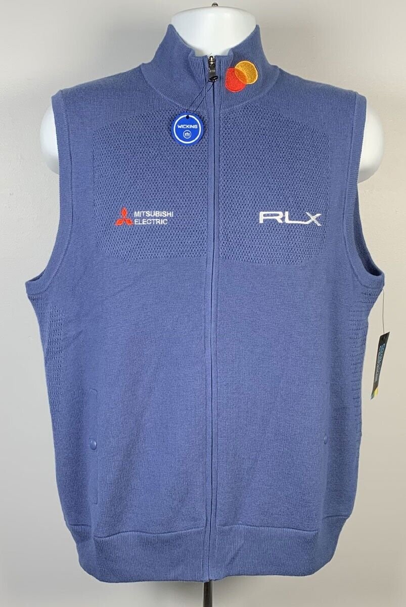 RLX Ralph Lauren Mitsubishi Electric Mens Large Golf Sweater Vest Coolmax Blue