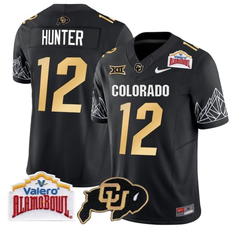 Travis Hunter Jersey #12 Colorado Buffaloes Alamo Bowl Patch Black Gold ...