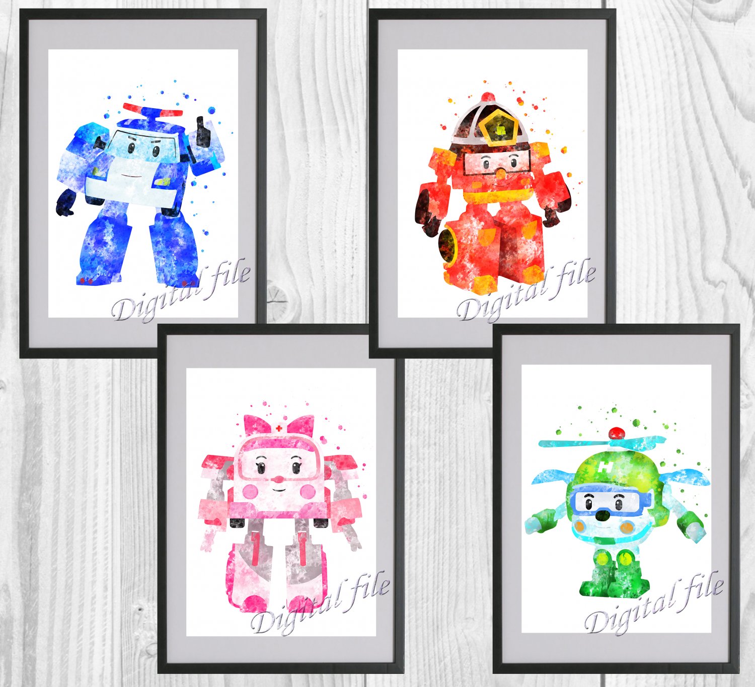 Digital files, Robocar Poli Set print, poster watercolor nursery room ...