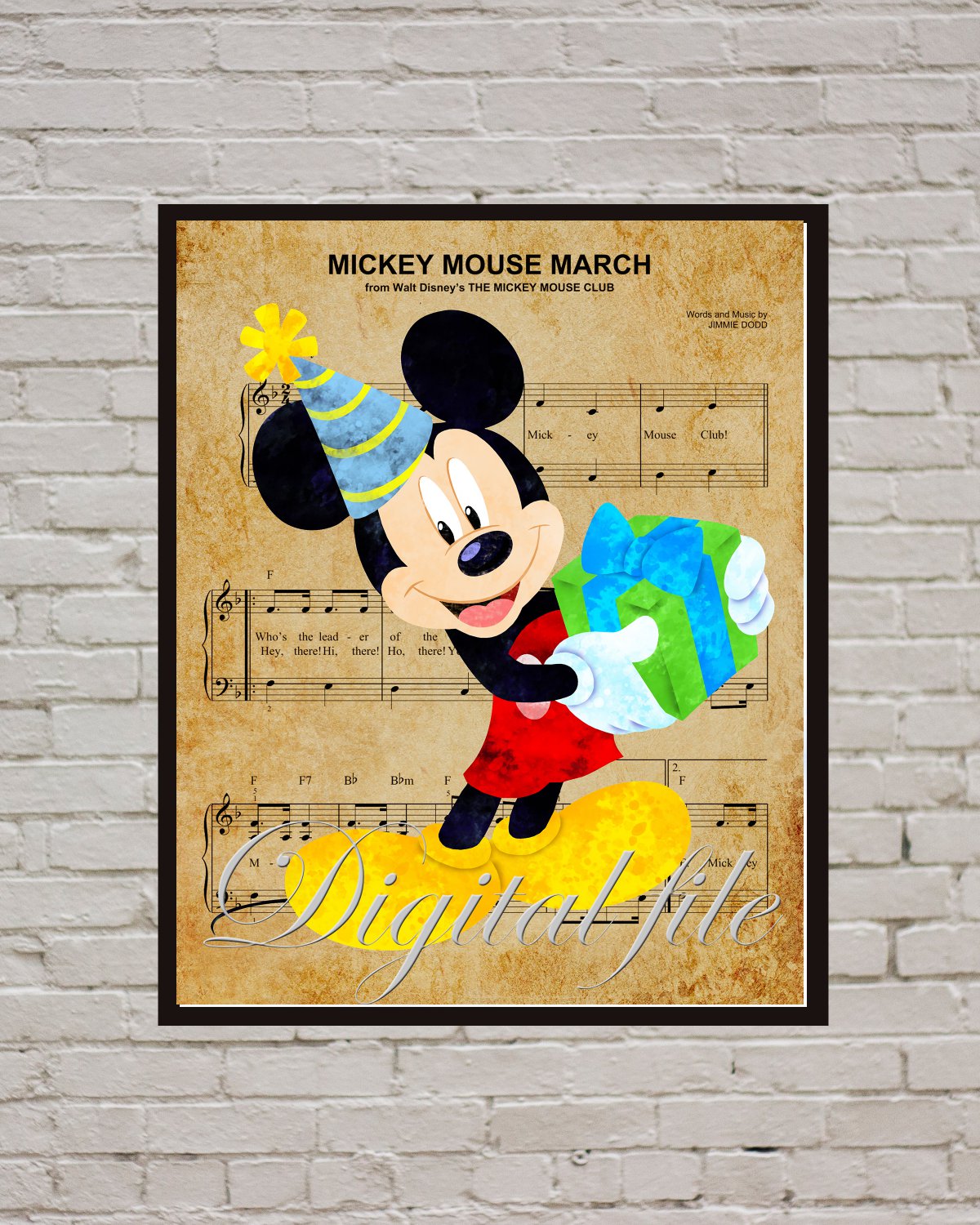 Digital file, Mickey Mouse Disney Music print, baby poster watercolor ...