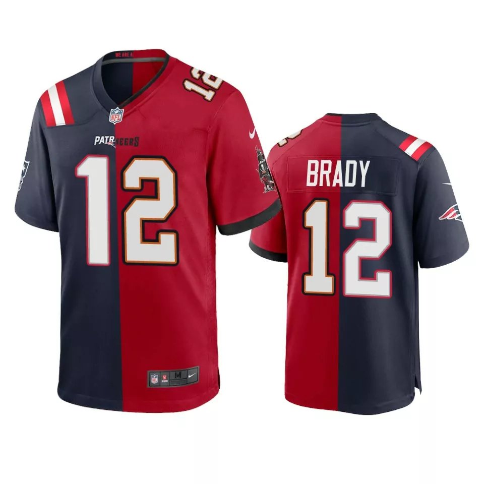 Men's #12 Tom Brady Tampa Bay Buccaneers Split Game Red & Navy Blue Jersey