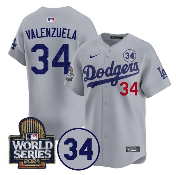 Men's Los Angeles Dodgers #34 Toro Valenzuela Gray 2024 World Series Jersey