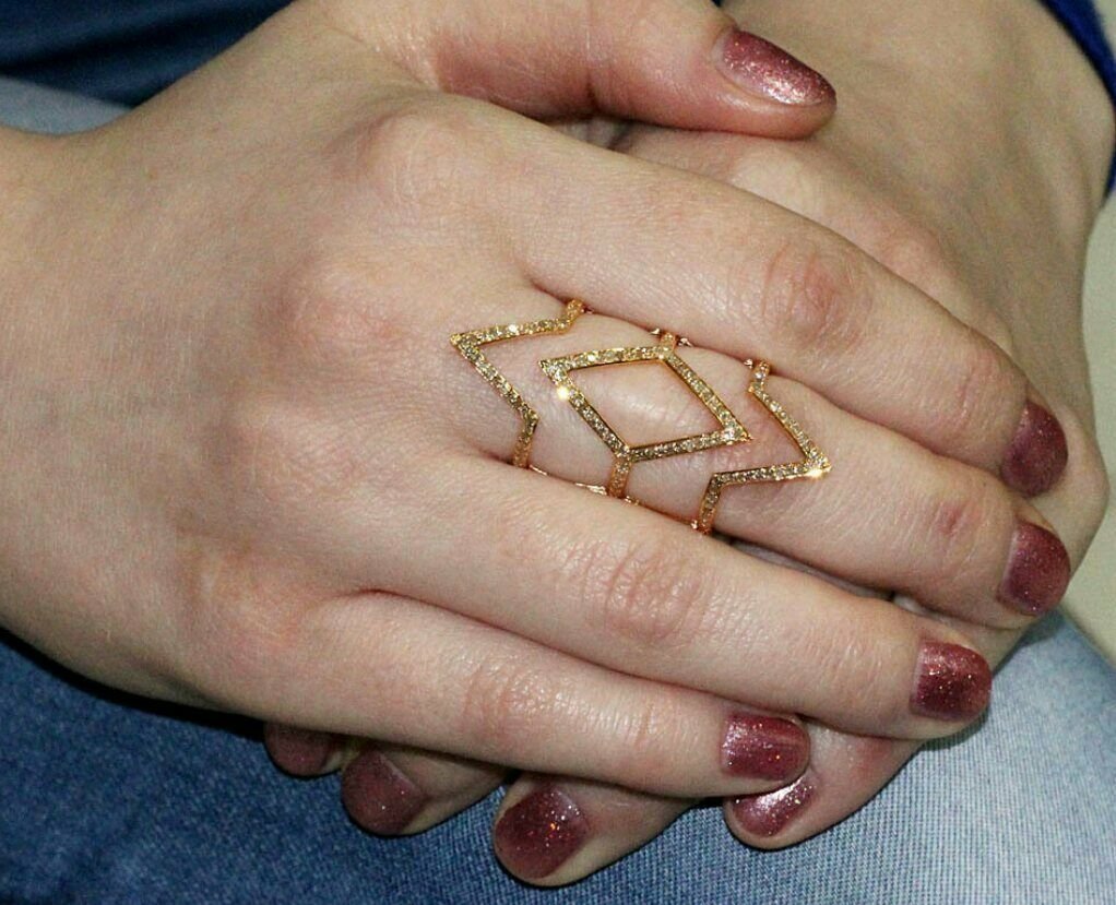 Rhombus Shape Pave Diamond Full Finger Ring 14k Gold Long Ring Wedding ...