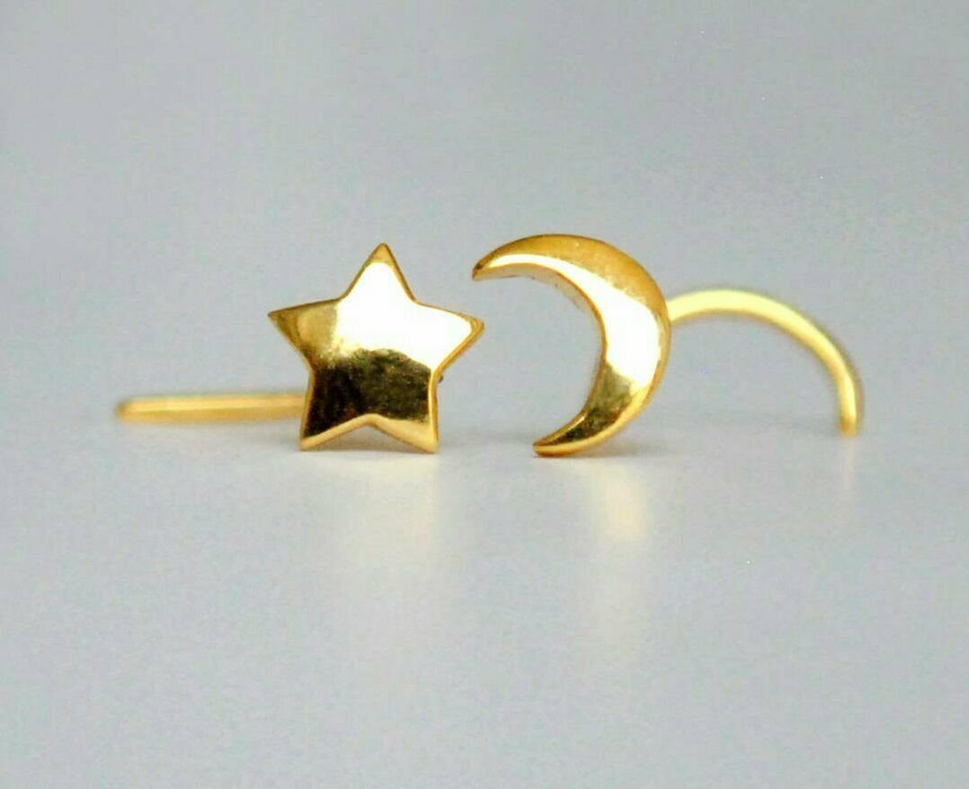 14k Solid Gold Star Moon Nose Pins Minimalist Nose Ring Nostril Jewelry ...