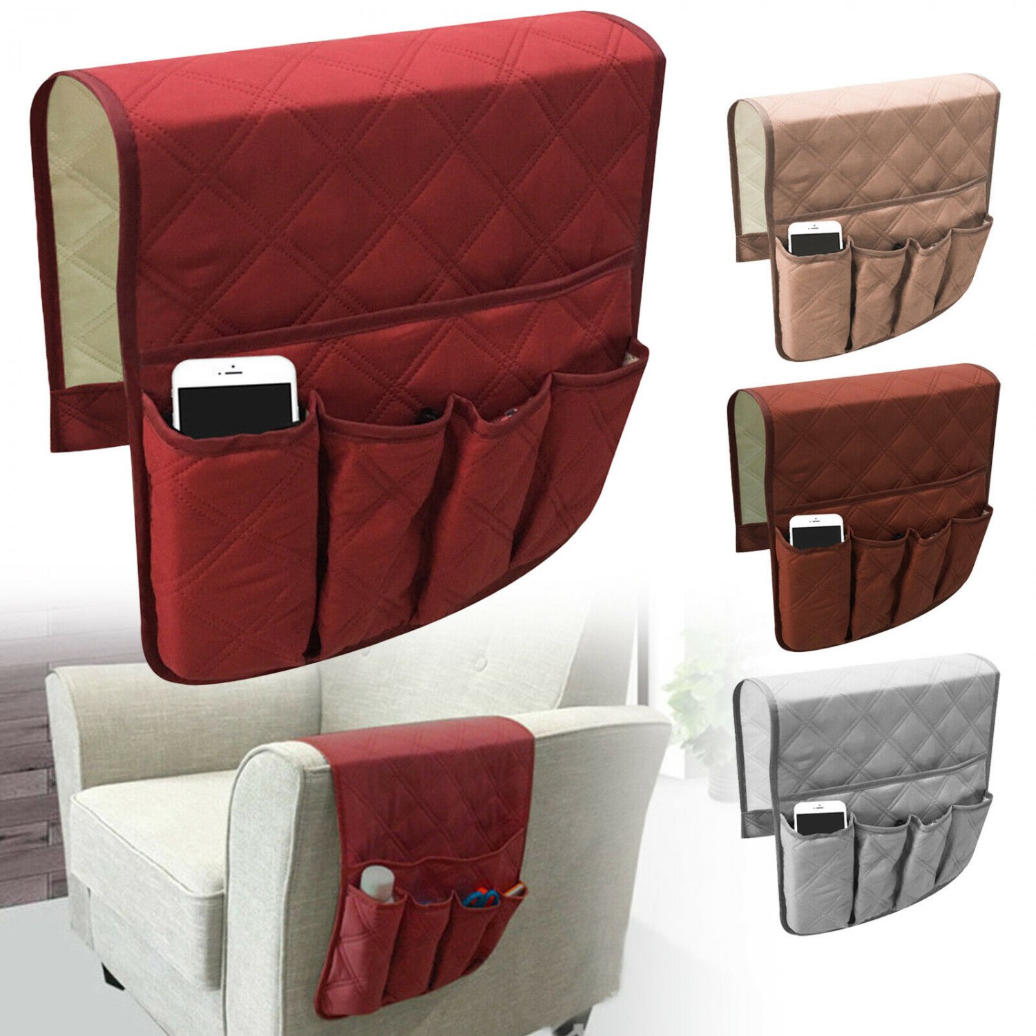 Sofa Arm Rest TV Remote Control Organizer Holder 5 Pockets Chair Couch Bag.