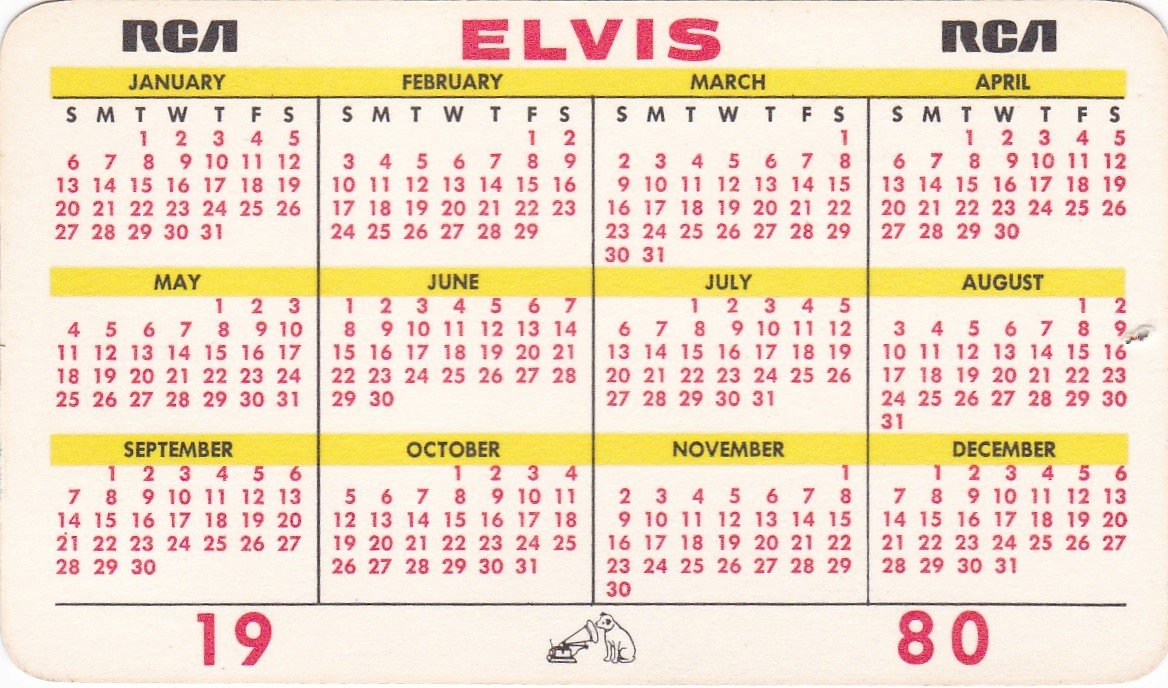 Vintage ELVIS PRESLEY POCKET CALENDAR CARD 25 Yrs on RCA RECORDS 1955-80
