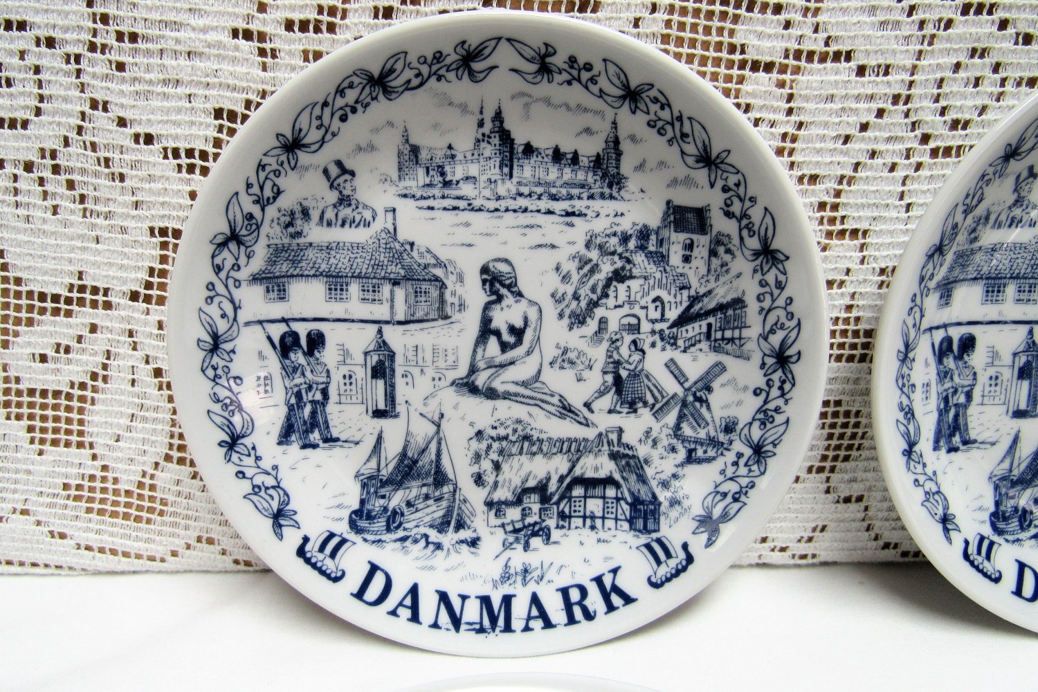 Vintage DANMARK DENMARK Souvenir Blue White Coaster Dish Set of 4 ...