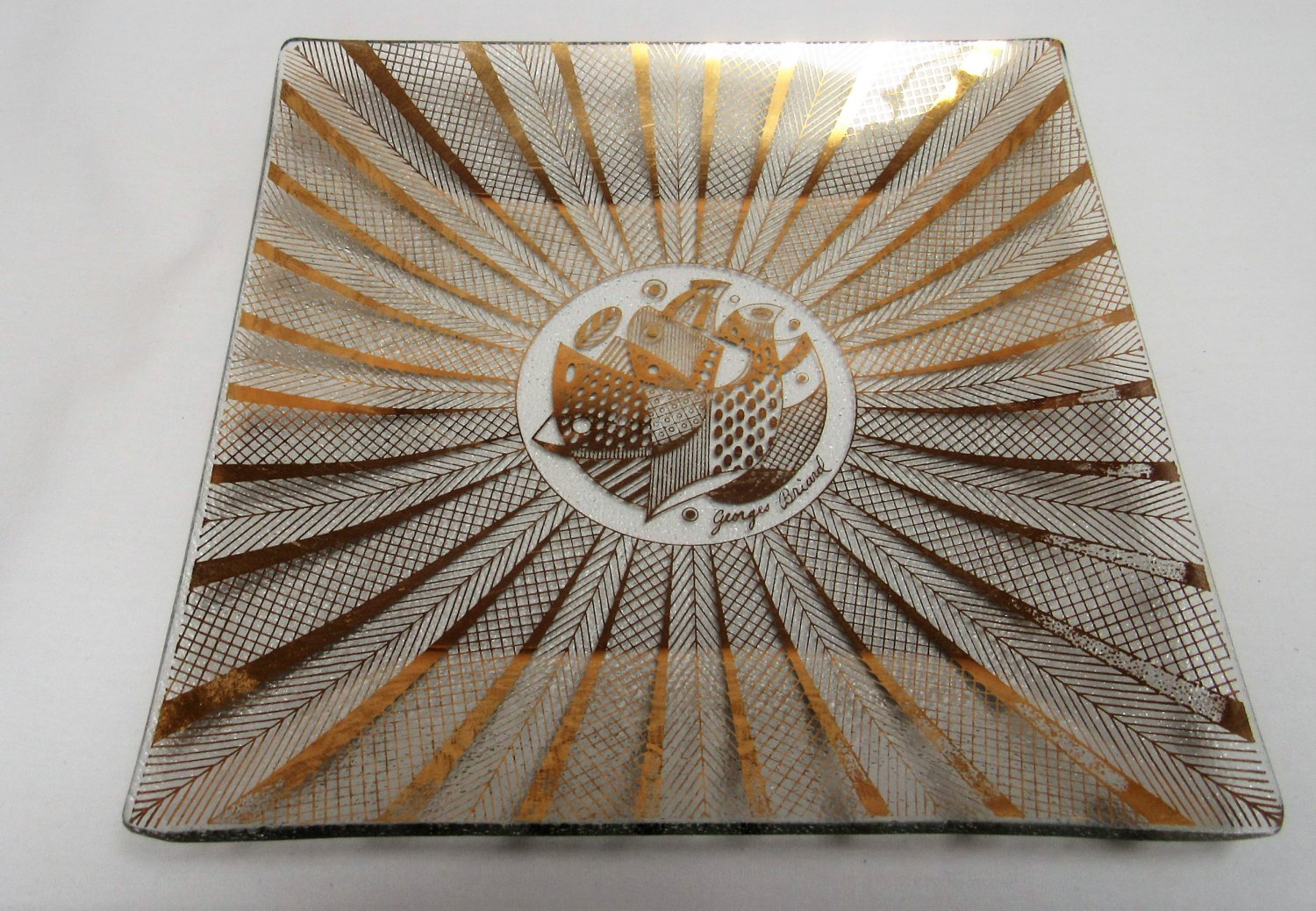 Vintage GEORGES BRIARD Square Glass Tray Dish Mid Century Abstract Fish ...