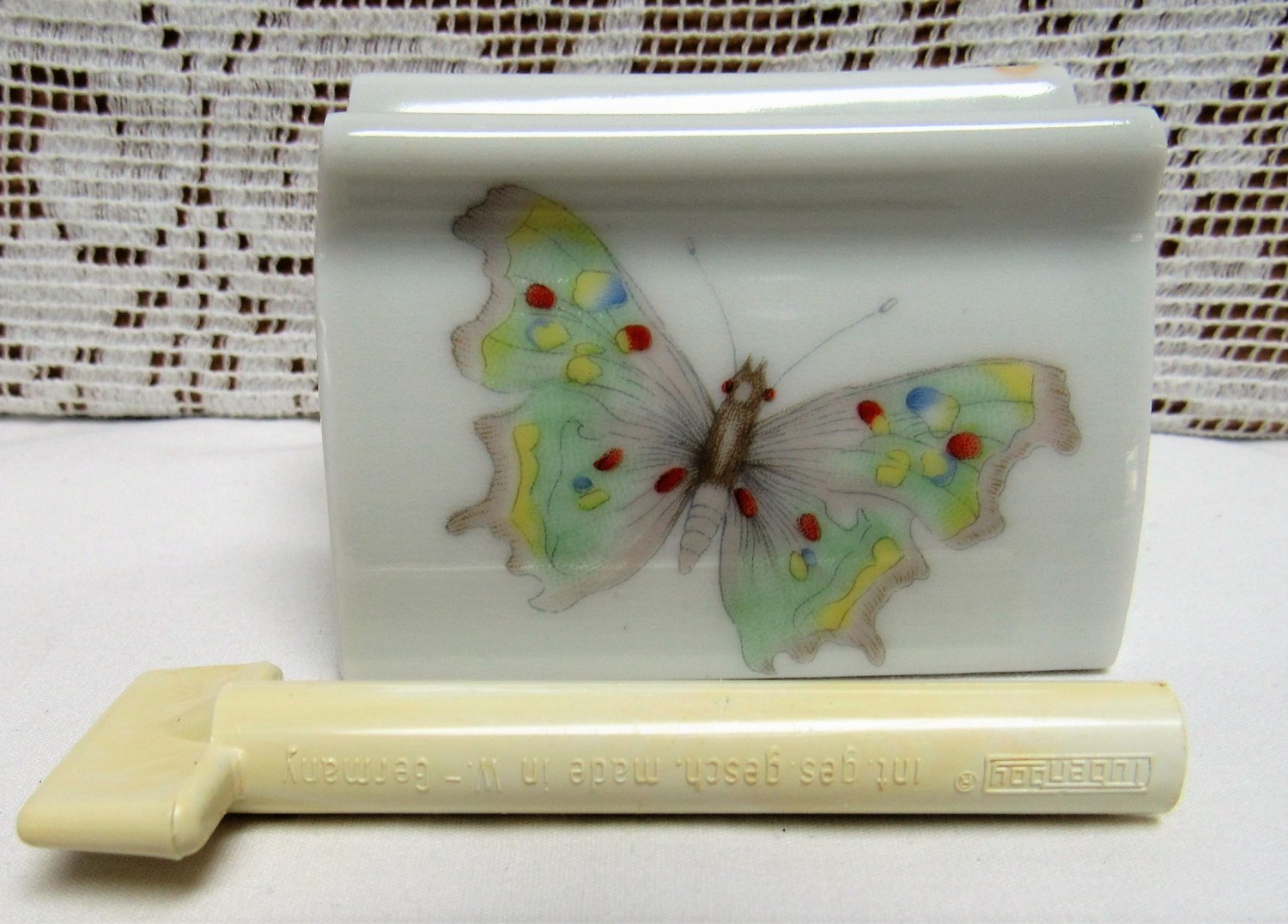 Vintage TOOTHPASTE INDISPENSABLE DISPENSER Porcelain W. Germany BUTTERFLY