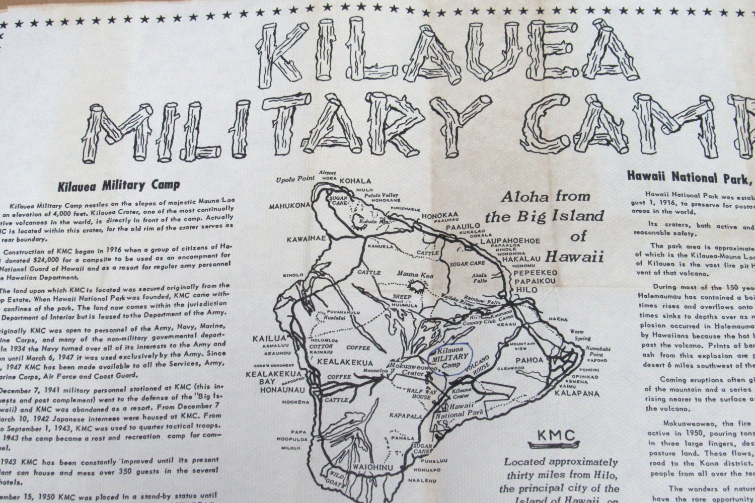 Vintage KILAUEA MILITARY CAMP Map HAWAII Mauna Loa KMC 1950s Armed Forces