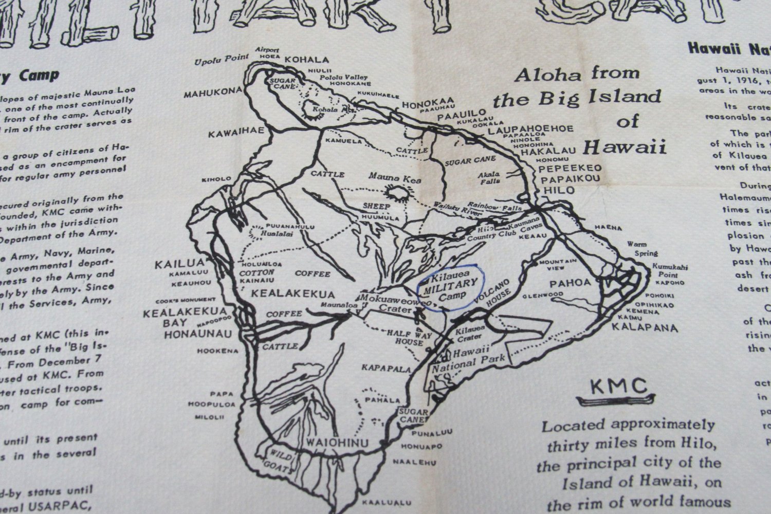 Vintage KILAUEA MILITARY CAMP Map HAWAII Mauna Loa KMC 1950s Armed Forces