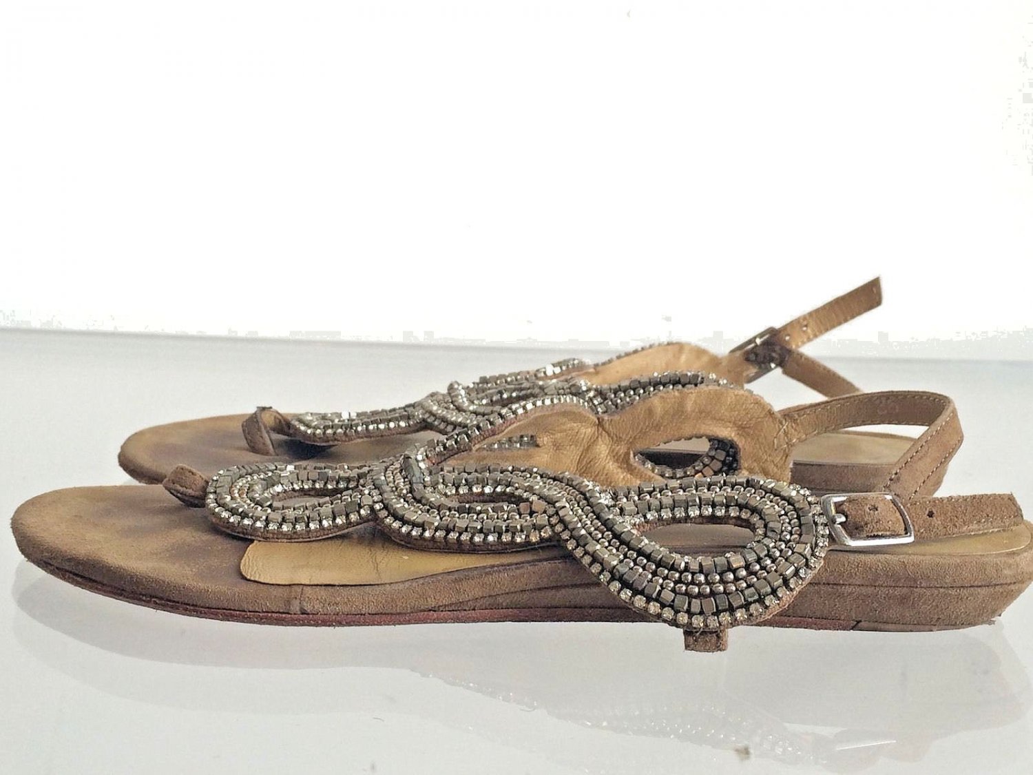 Lola Cruz Suede embellished flat sandals tan beaded size 36 6 $250 shoes