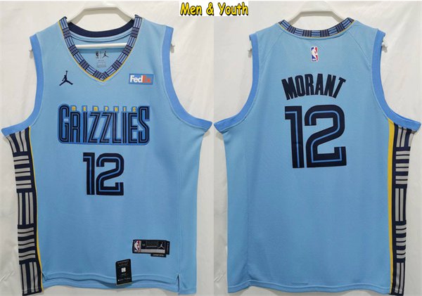 men's & youth Basketball Team Uniform #12 Ja Morant Jerseys 2021 Light ...