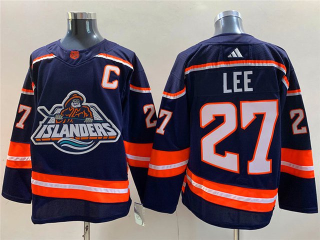 men's Ice Hockey NY Islanders Uniform #27 Anders Lee Jerseys Navy 2022 ...