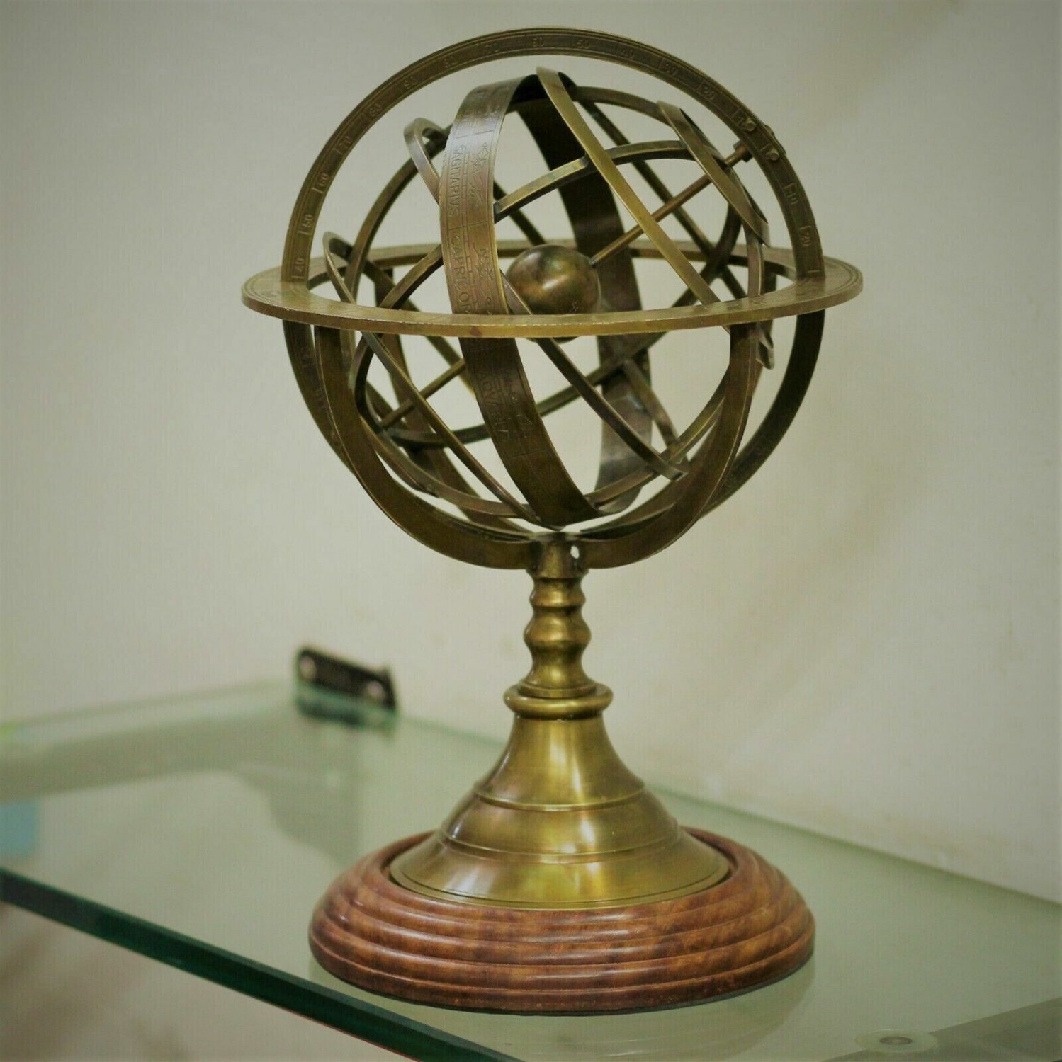 ANTIQUE BRASS ARMILLARY SPHERE GLOBE ASTROLABE ZODIAC SIGN WITH WOODEN BASE