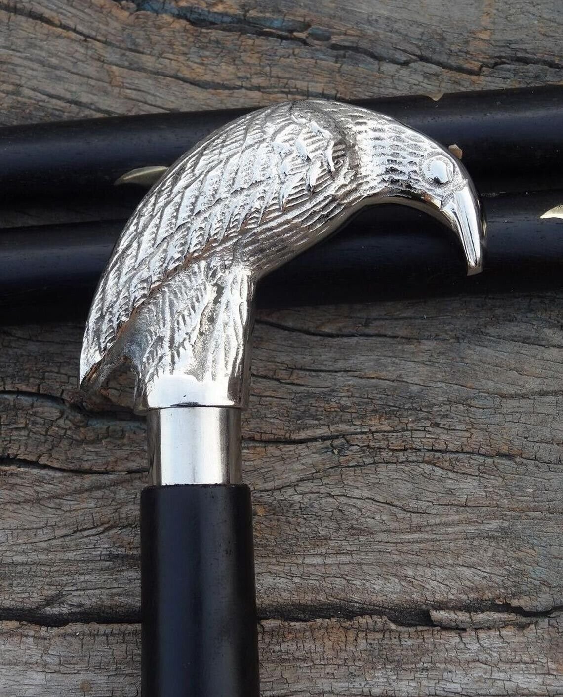 Brass Head Handle Harvey Canes Silver Crow Vintage Black Cane Walking ...