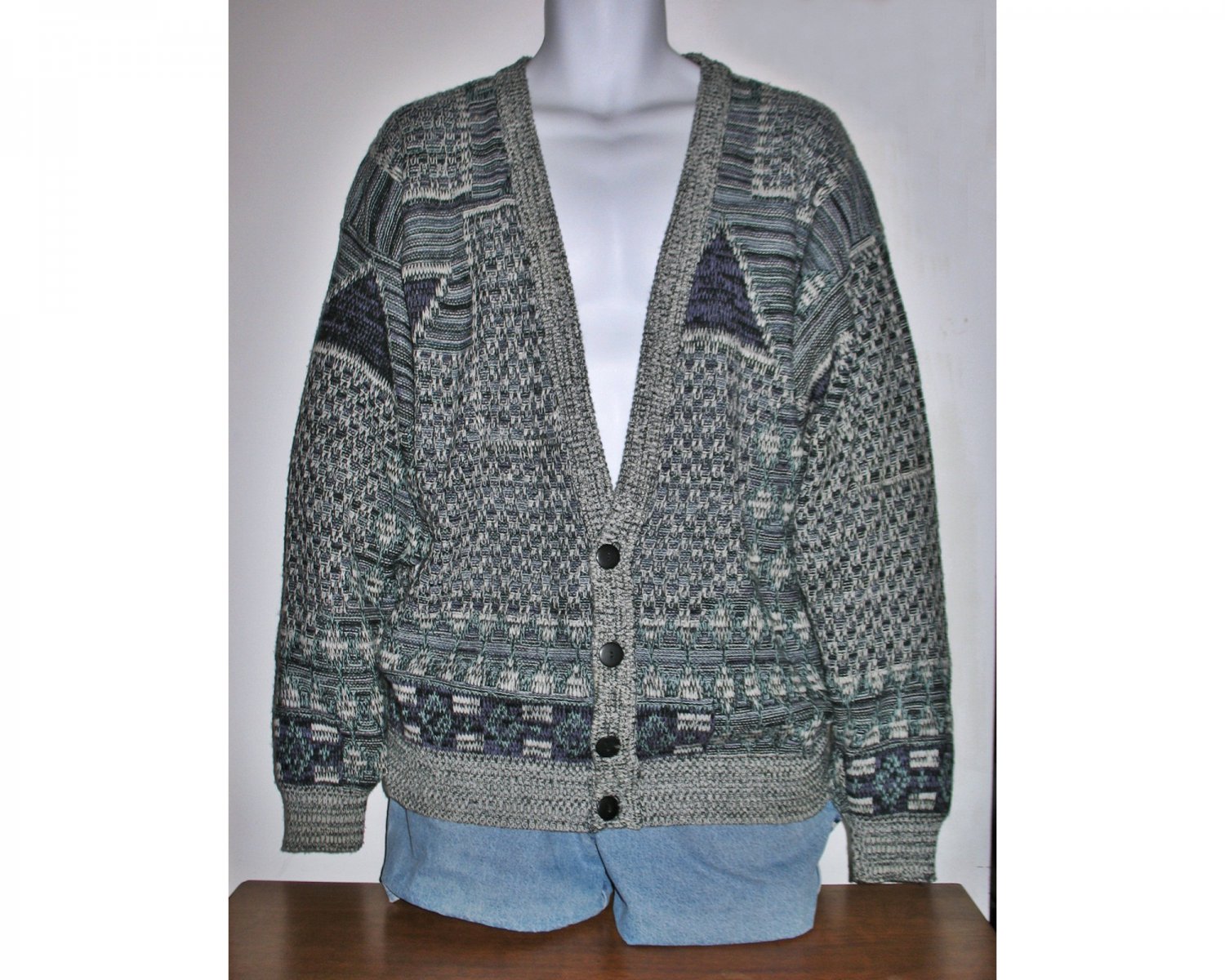 Vintage 70s Cardigan with Abstract Artsy Design in Aqua/Grey /Purple ...