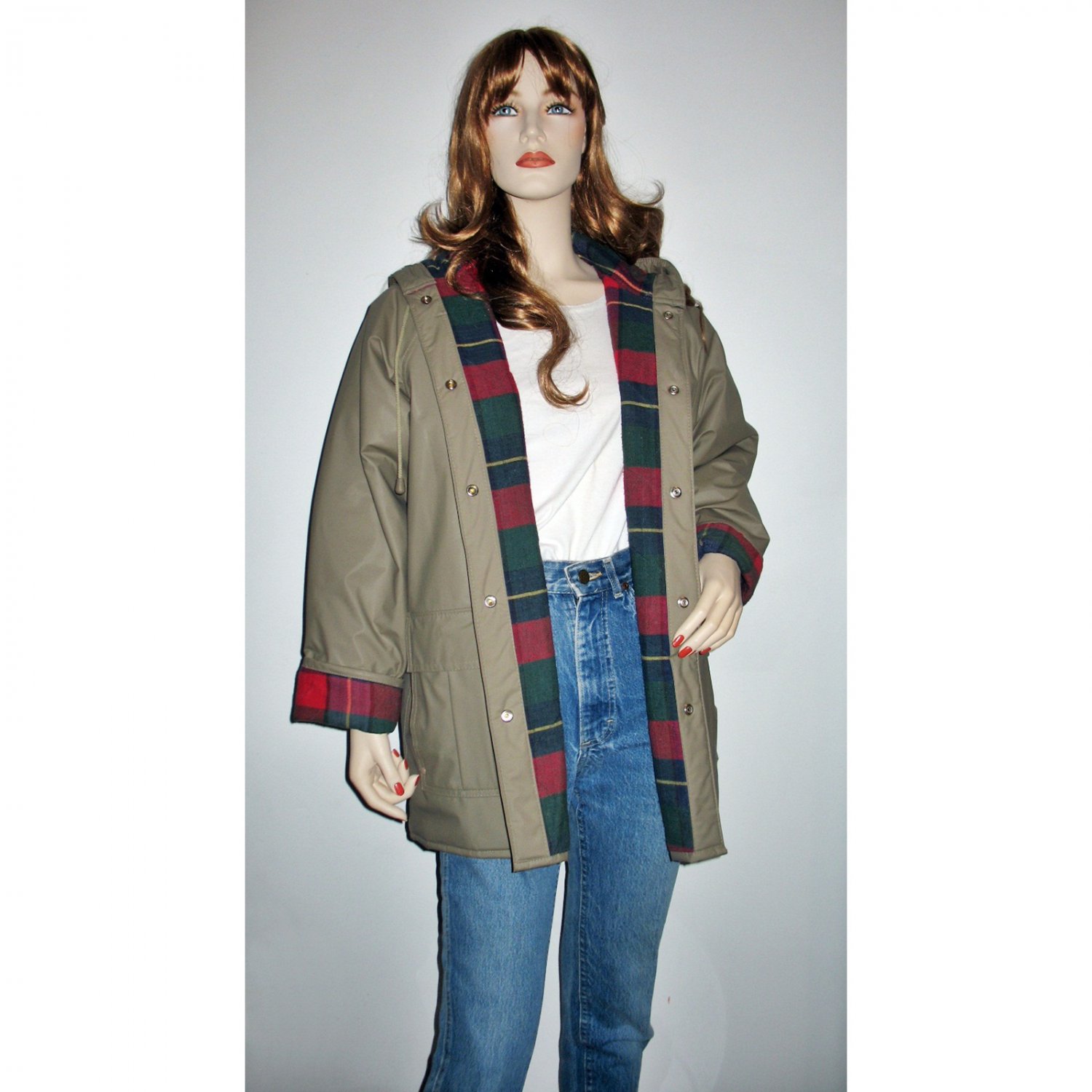 Warm Winter PVC Rain Coat Raincoat with Quilted Plaid Lining and Hood ...