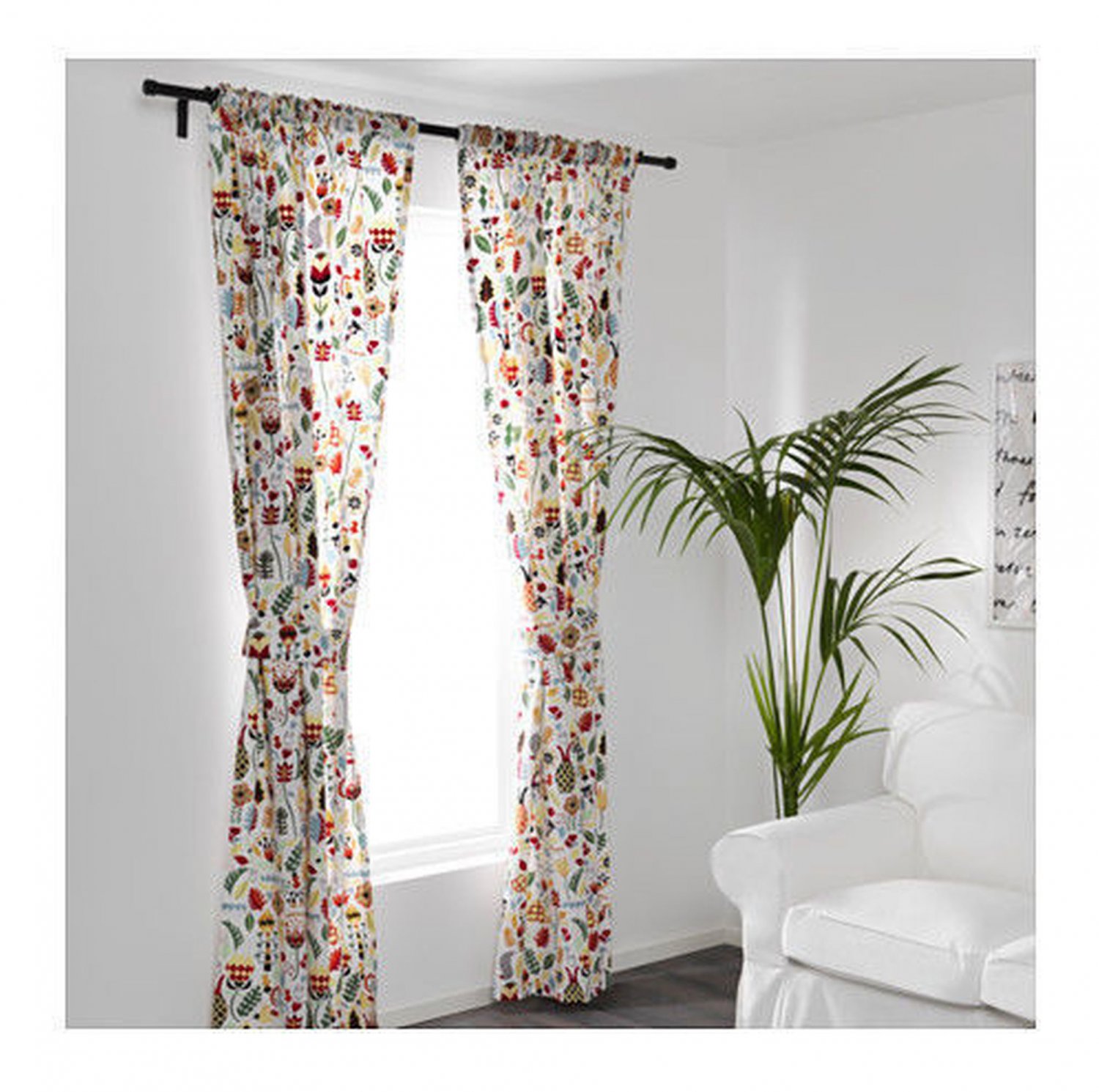 IKEA Rodarv CURTAINS Drapes w Tie-Backs 98" Floral Botanical Birds ...