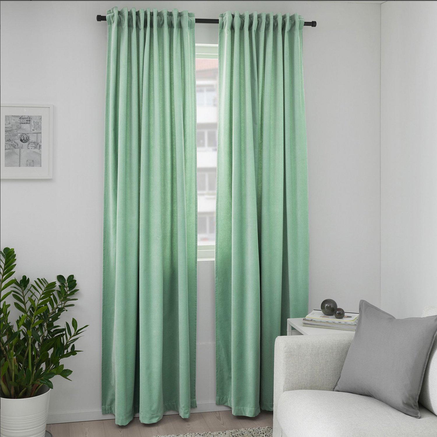 IKEA Sanela CURTAINS Drapes 2 Panels LIGHT GREEN 98" BLACK OUT