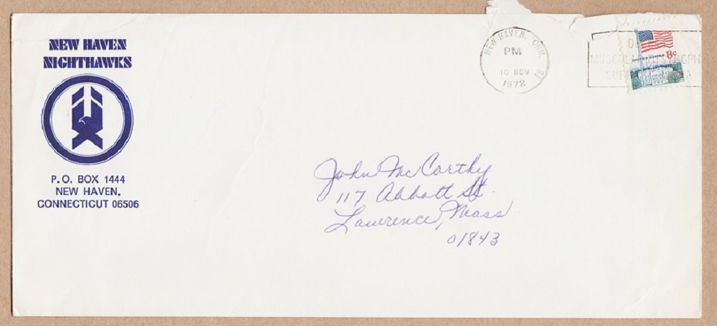 1972 New Haven NightHawks Logo Envelope AHL American Hockey League ...