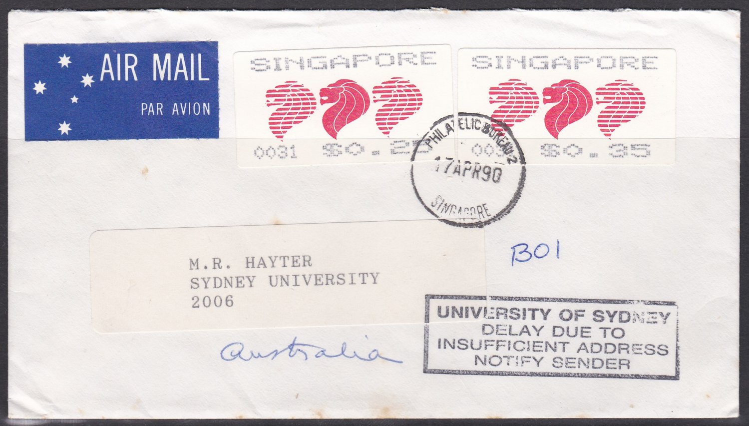 Singapore: AIRMAIL ENVELOPE WITH POSTAGE LABELS. Ref: P0123
