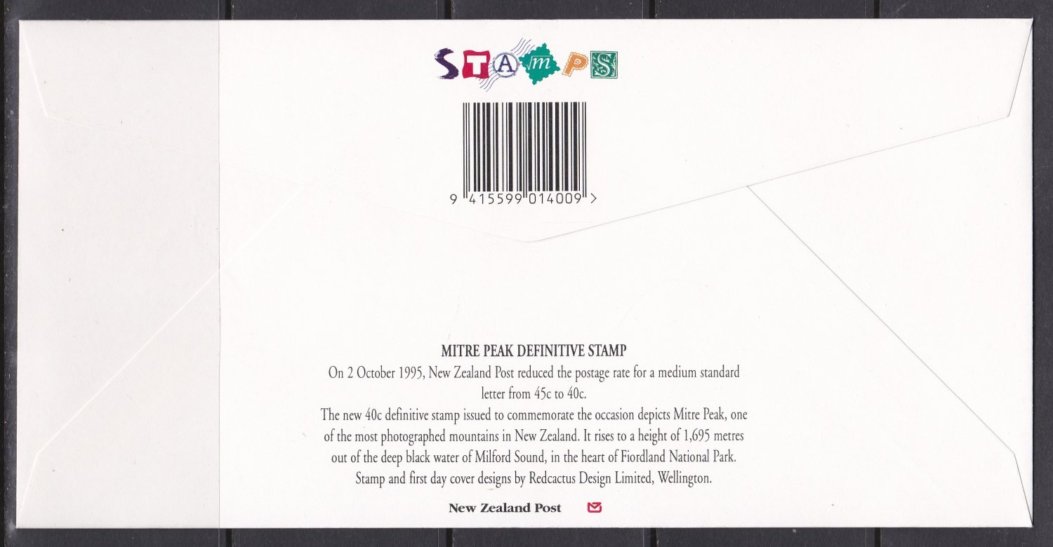 New Zealand: 1995 SCENERY MITRE PEAK 40c FDC & MNH stamp. Ref: P0516