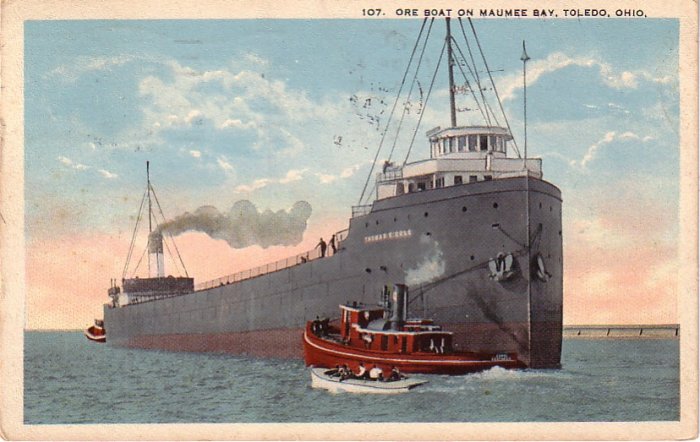 Ore Boat on Maumee Bay in Toledo Ohio OH, 1921 Vintage Postcard - 4170