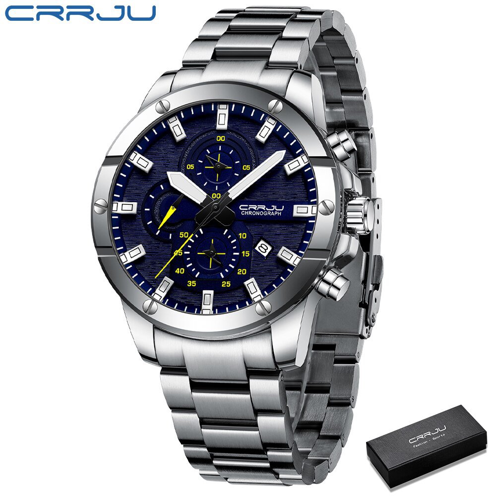 silver blue box_Men Watch Quartz Chronograph Luminous Full Steel ...