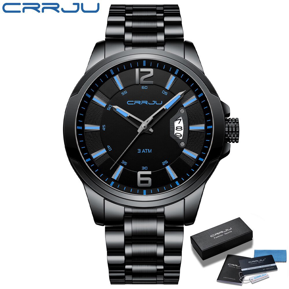 black blue BOX_Men's Watch Luxury Sports Quartz Full Steel Waterproof ...