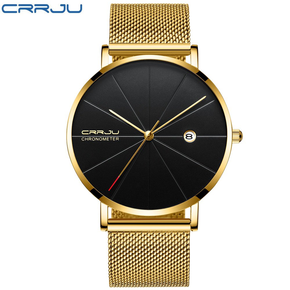 gold_Men Watch Ultra Thin Mesh Steel Wristwatch with Date Sport Waterproof