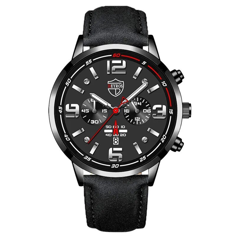 Leather Black Silver_men's stainless steel es luxury calendar quartz es ...