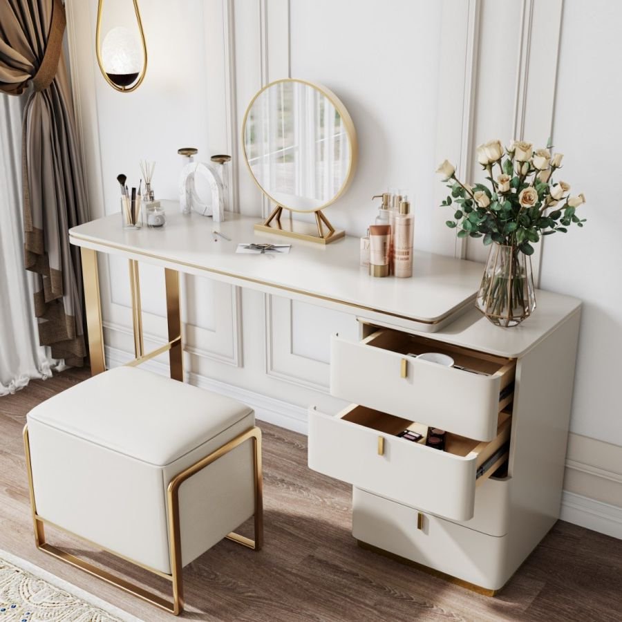 Modern Makeup Vanity, Dressing Table Set with 4 Drawer, PU Leather ...
