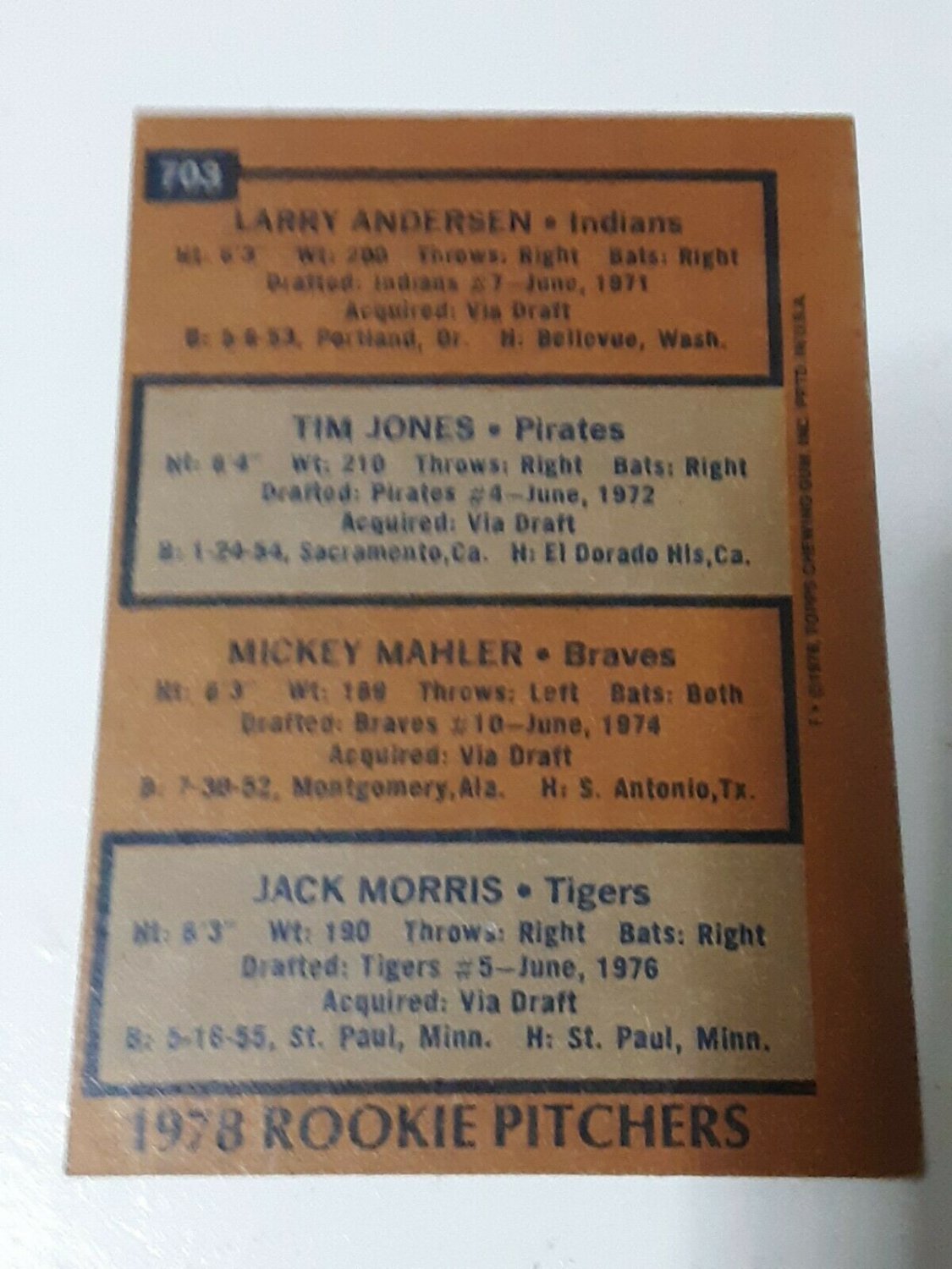 1978 Topps Jack Morris Detroit Tigers Minnesota Twins Rookie Card #703