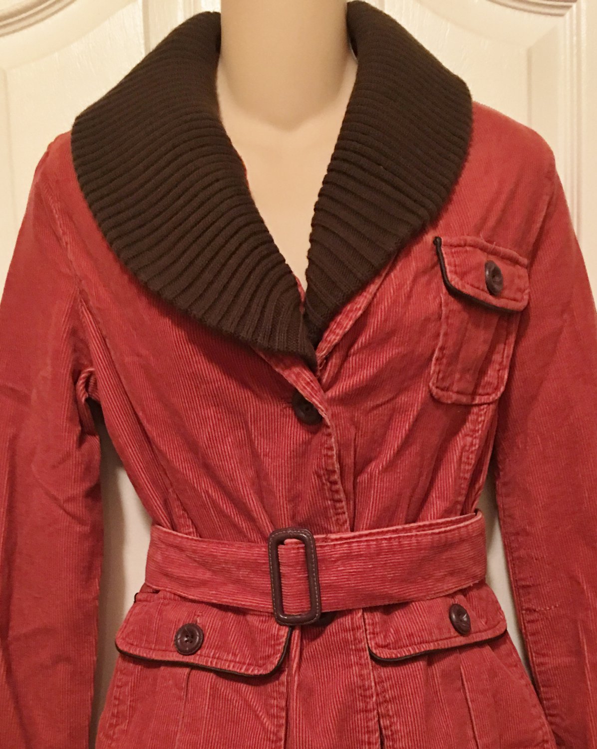 NWT Merona BELTED CORD JACKET Ladies Coat XS BURNT ORANGE Removable Collar