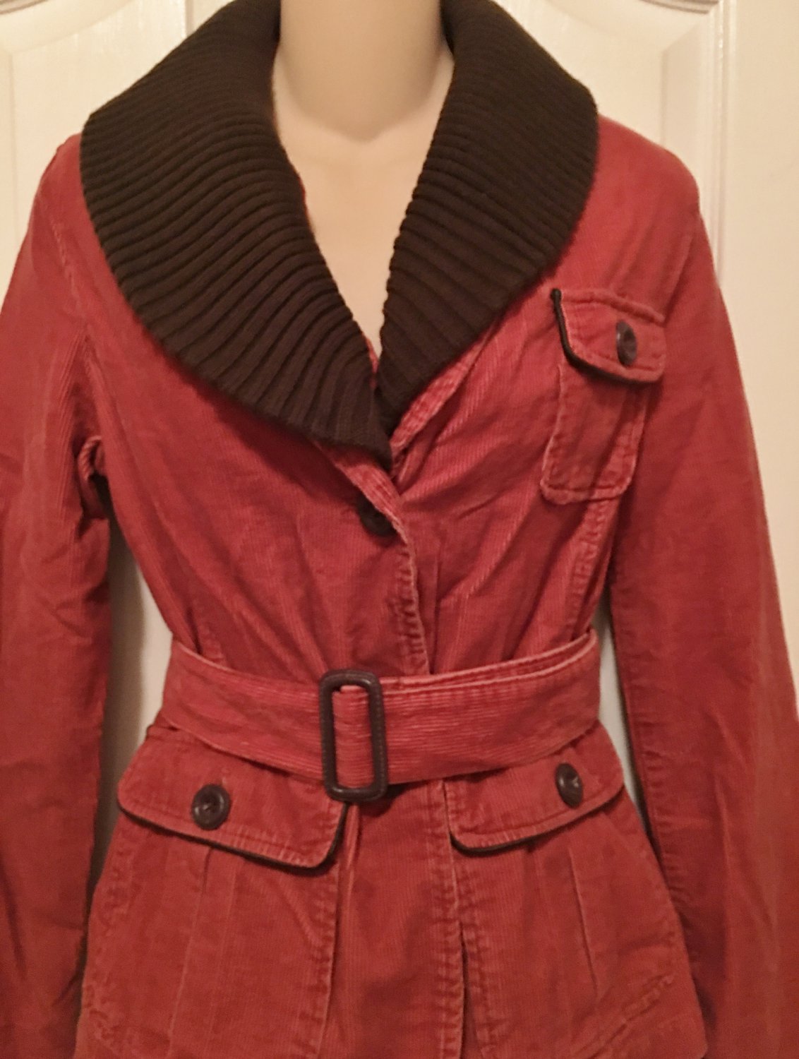 NWT Merona BELTED CORD JACKET Ladies Coat XS BURNT ORANGE Removable Collar