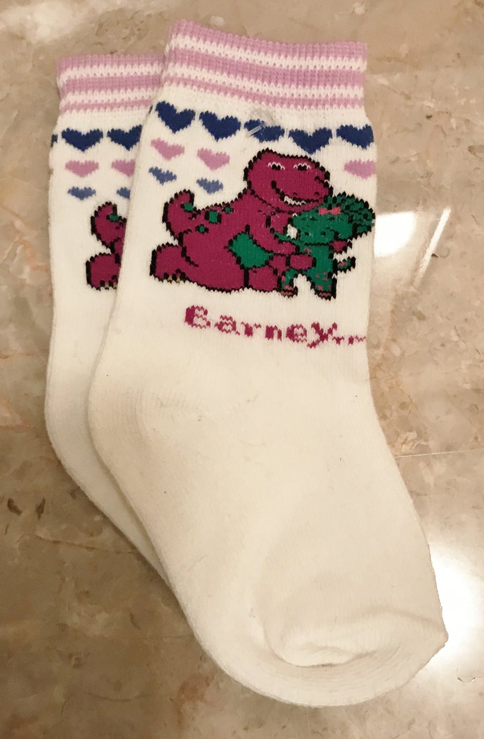 NEW Baby BARNEY SOCKS 1 Pair SIZE 0-6 Months WHITE with Pink Cuff