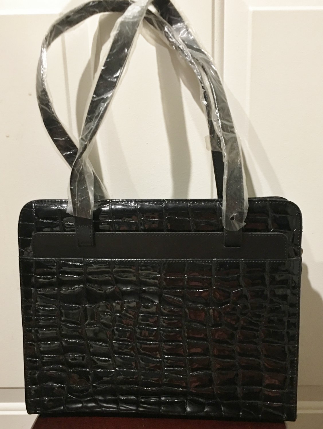NEW Retro STRUCTURED PURSE Handbag Multi Compartment BLACK Croc Texture Bag
