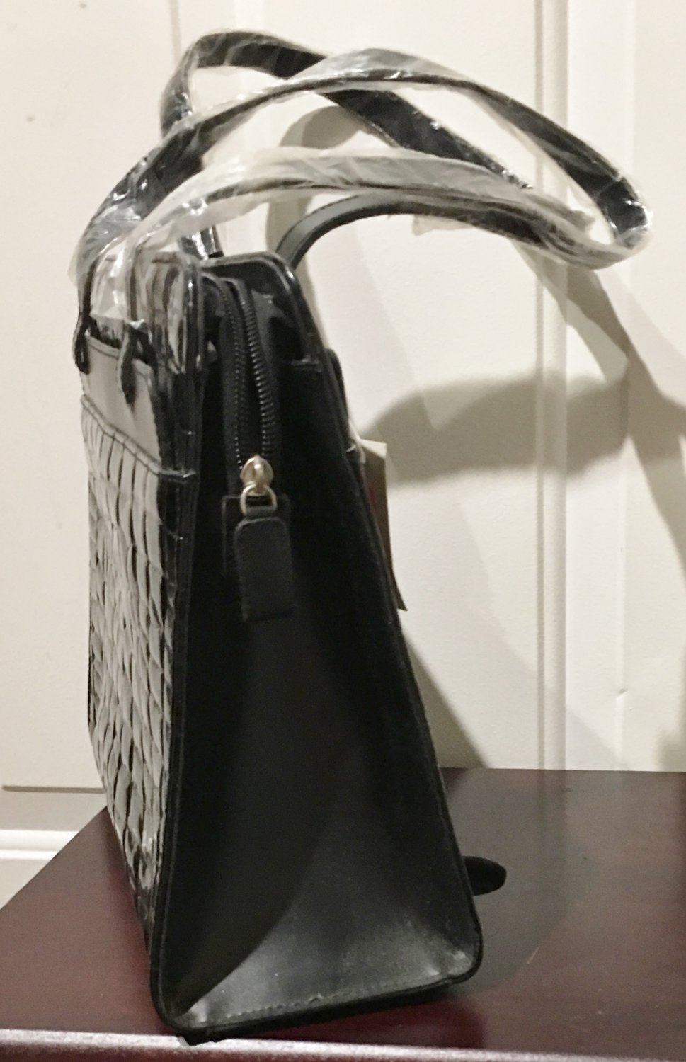 NEW Retro STRUCTURED PURSE Handbag Multi Compartment BLACK Croc Texture Bag