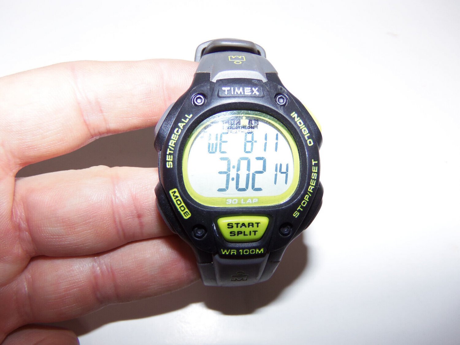 Timex Mens Ironman Triathlon Indiglo 30-Lap Digital Watch Grey Black Green WORKS