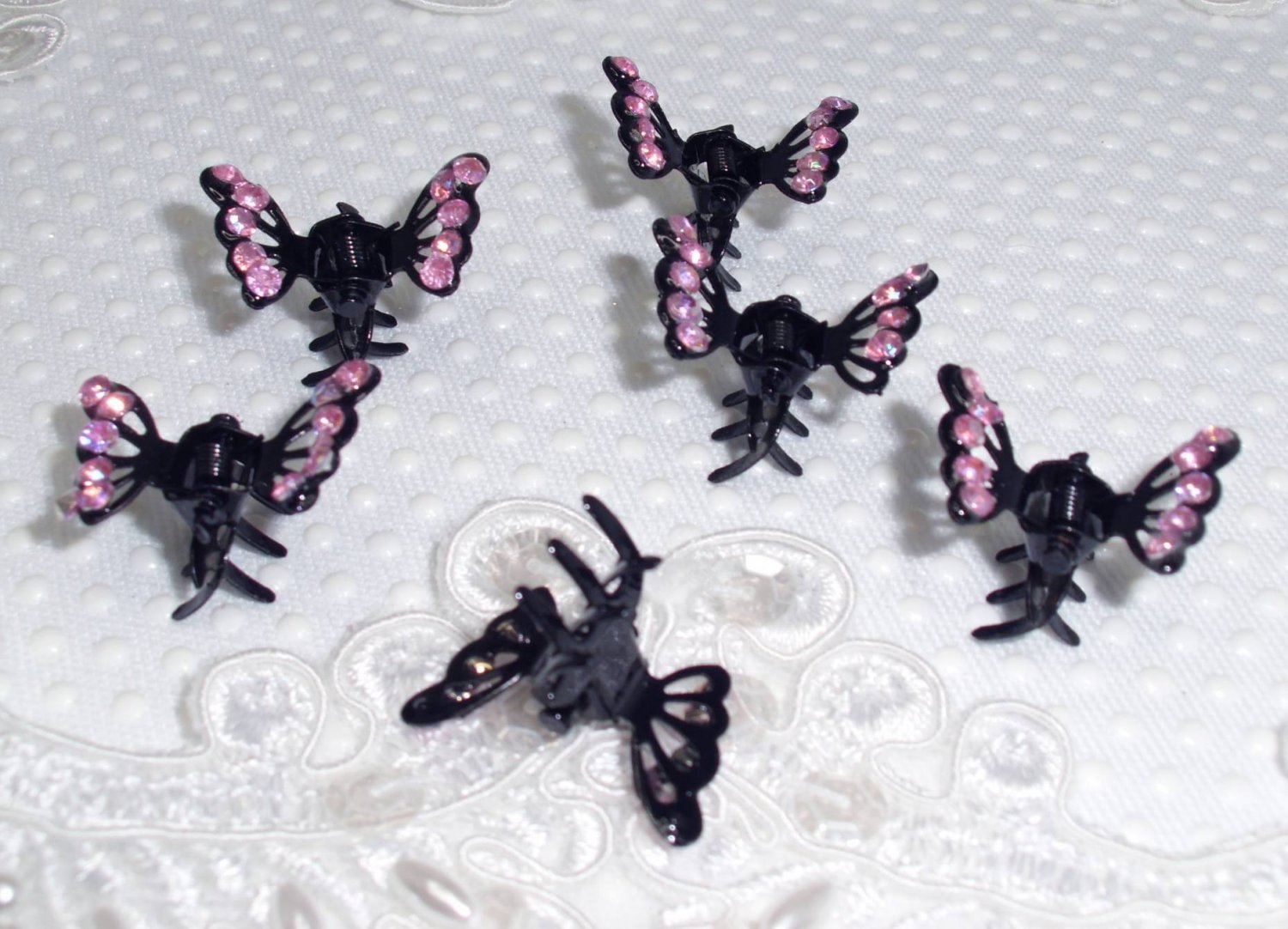 SET OF 6 AB Pink RHINESTONE Mini Butterfly hair Claw Clips (4A)
