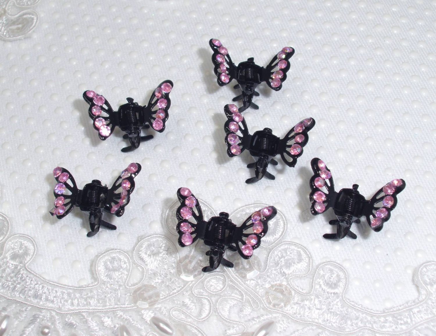 SET OF 6 AB Pink RHINESTONE Mini Butterfly hair Claw Clips (4A)